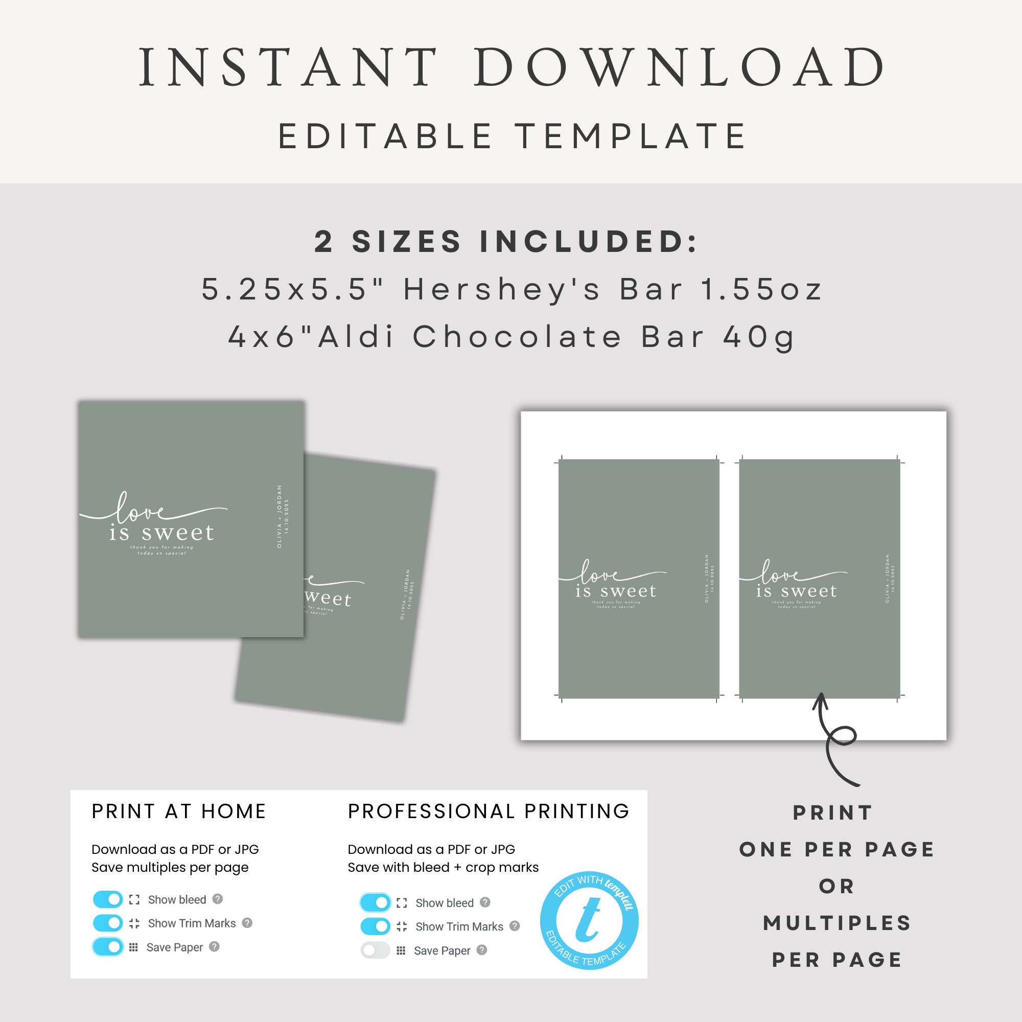 Candy Bar Wrapper Template, Sage Green, Instant Download, Editable ...