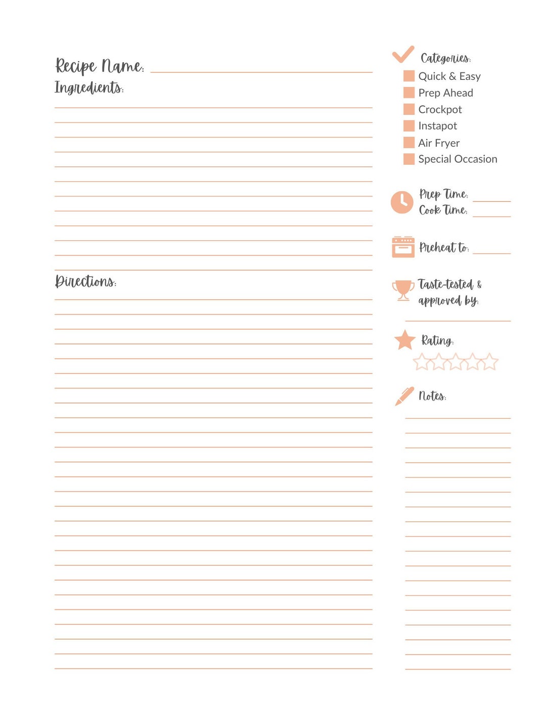 Digital Download - Full Size Blank Recipe Sheet - Orange - Etsy