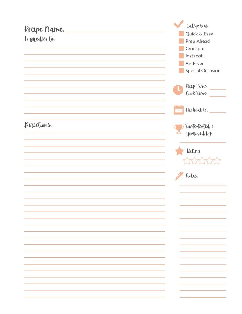 Digital Download - Full Size Blank Recipe Sheet - Orange - Etsy