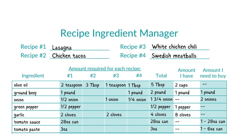 Ingredient Manager - Recipe Grocery Shopping List - Printable - Teal - Etsy