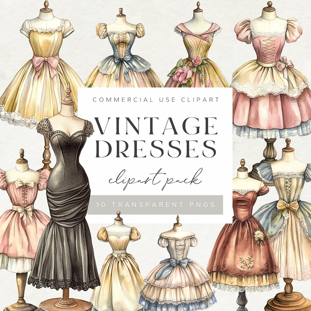 Collection of 10 Vintage Dresses Clipart | Watercolour Clipart ...