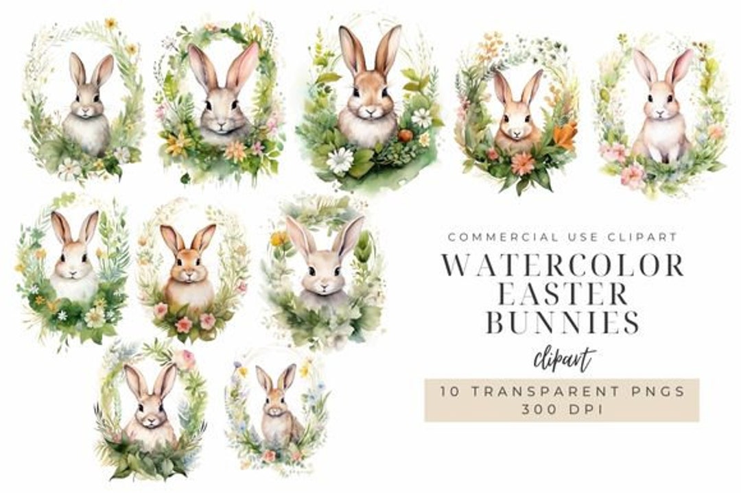 Watercolor Cute Easter Spring Bunnies Greenery Floral Clipart ...