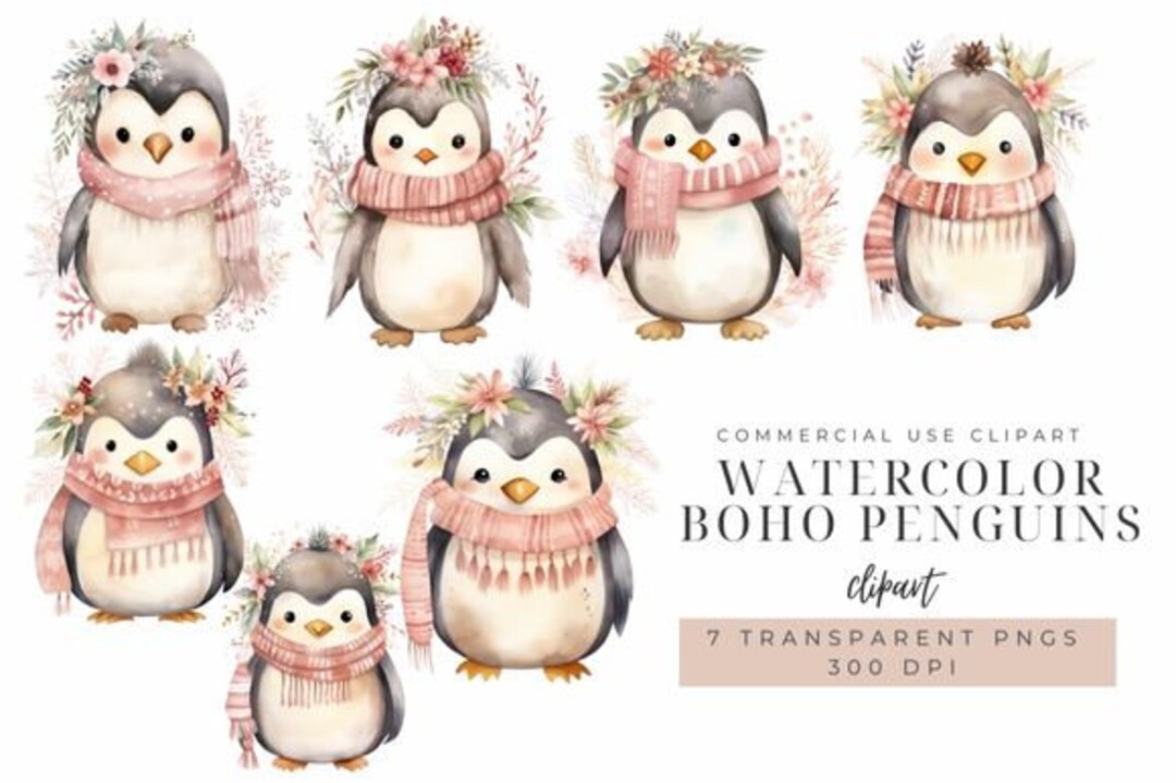 Watercolor Winter Penguin Clipart: Boho Floral Scarves (digital ...