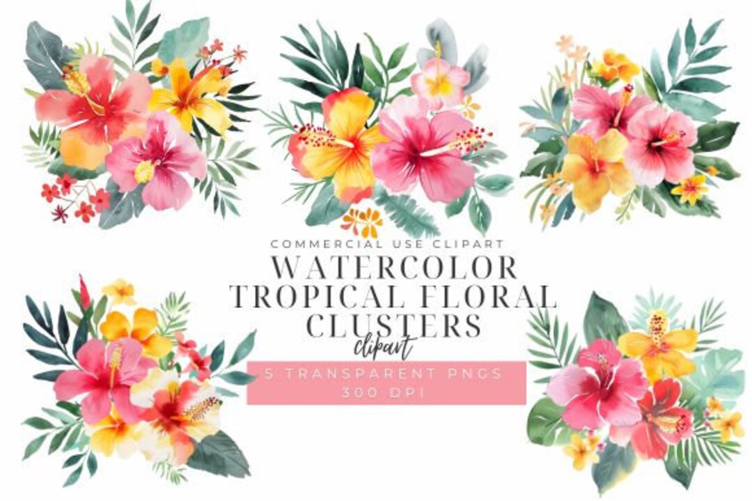 Hawaiian Tropical Floral Clusters, Watercolor, Summer Floral Clipart ...