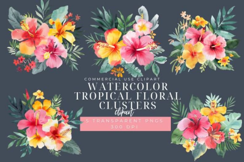Hawaiian Tropical Floral Clusters, Watercolor, Summer Floral Clipart ...