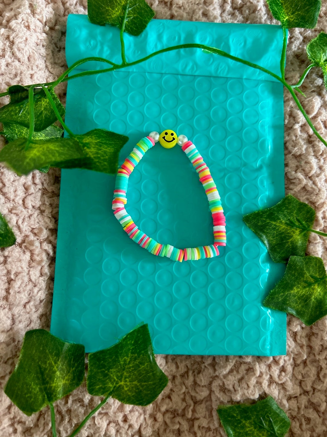 Smiley Face Neon Clay Bead & Pearl Bracelet - Etsy