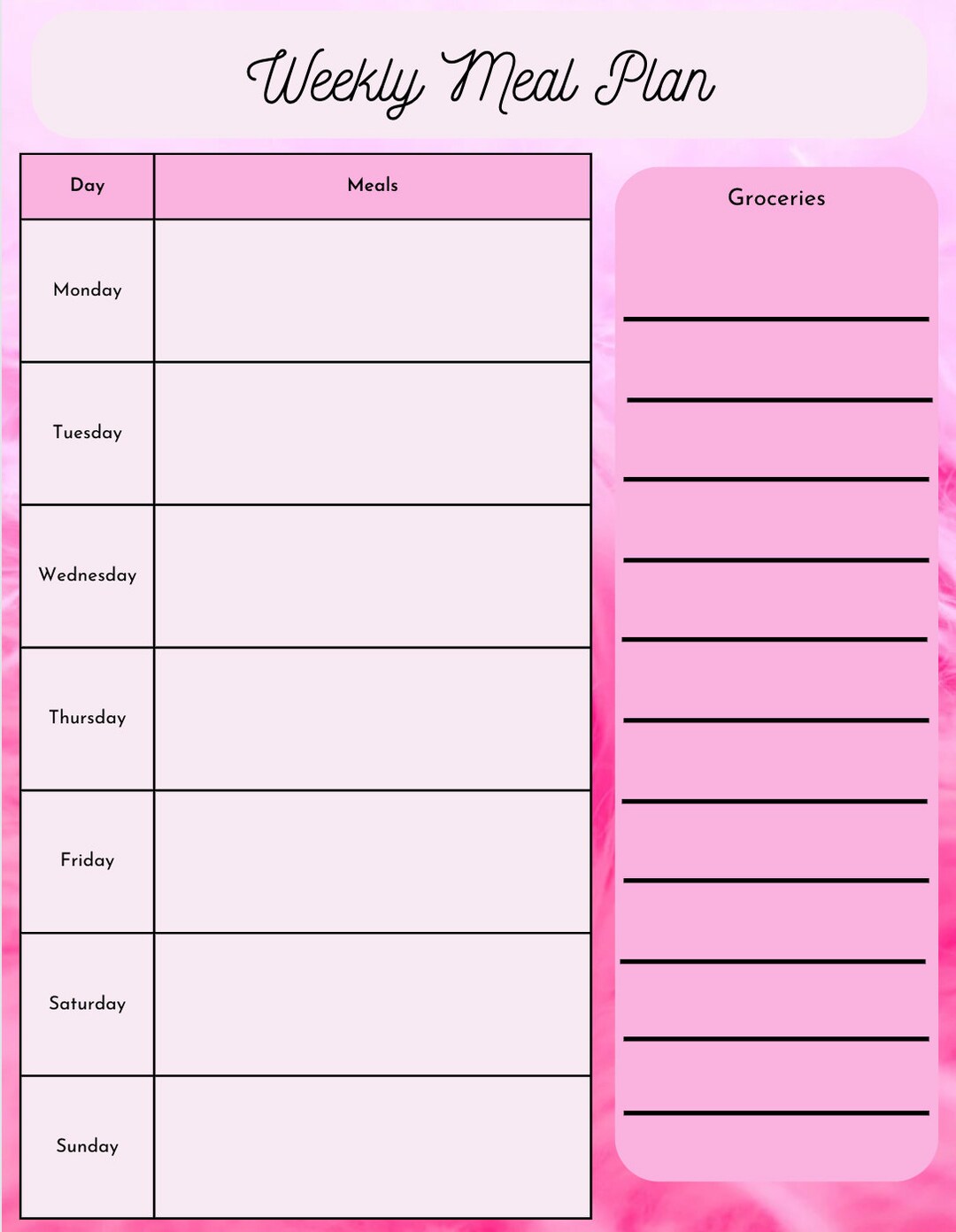 Pink Theme Weekly Meal Plan - Etsy