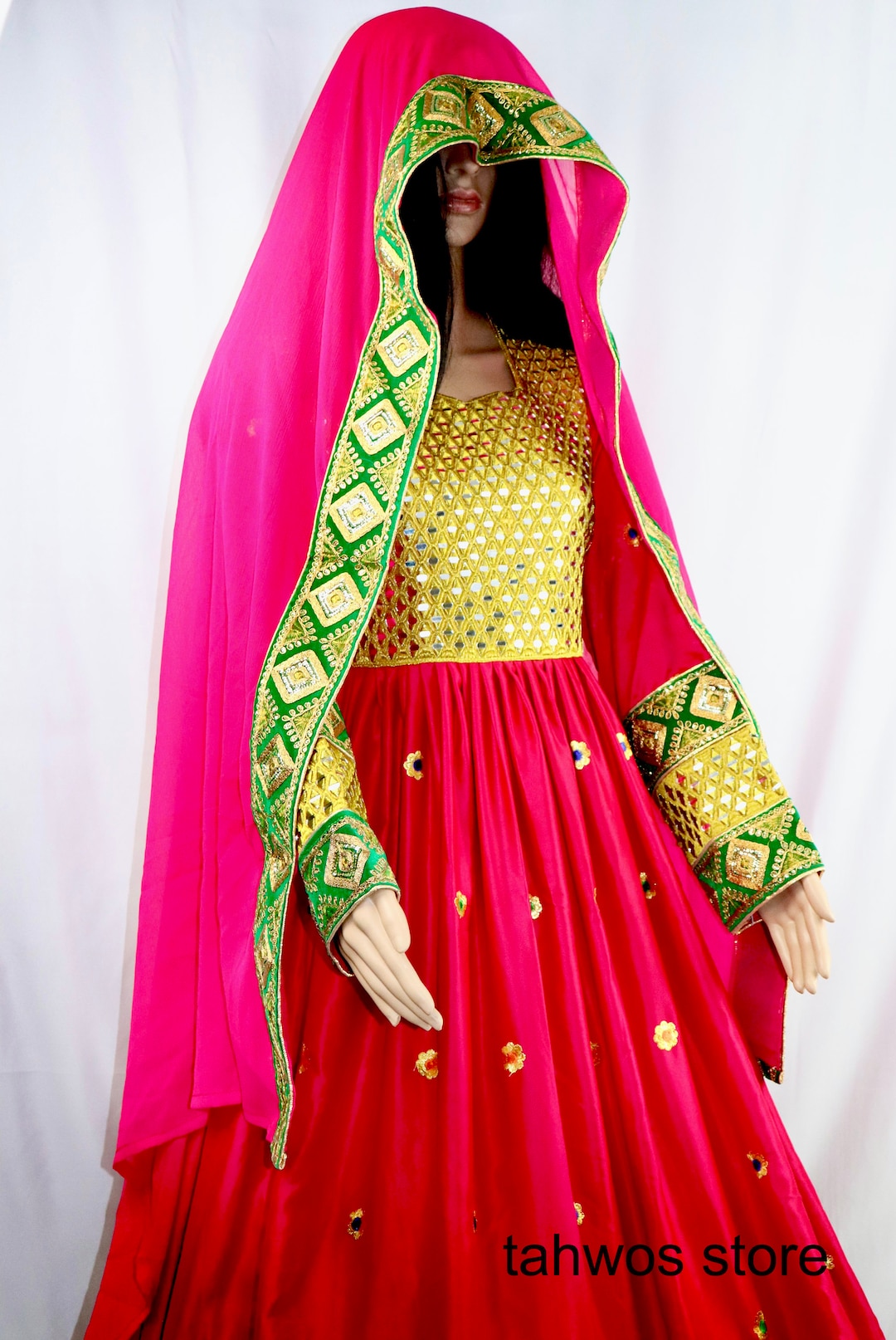 Aaina Hot Pink Green Attan Mirrors Ethnic Tribal Gold Embroidered ...