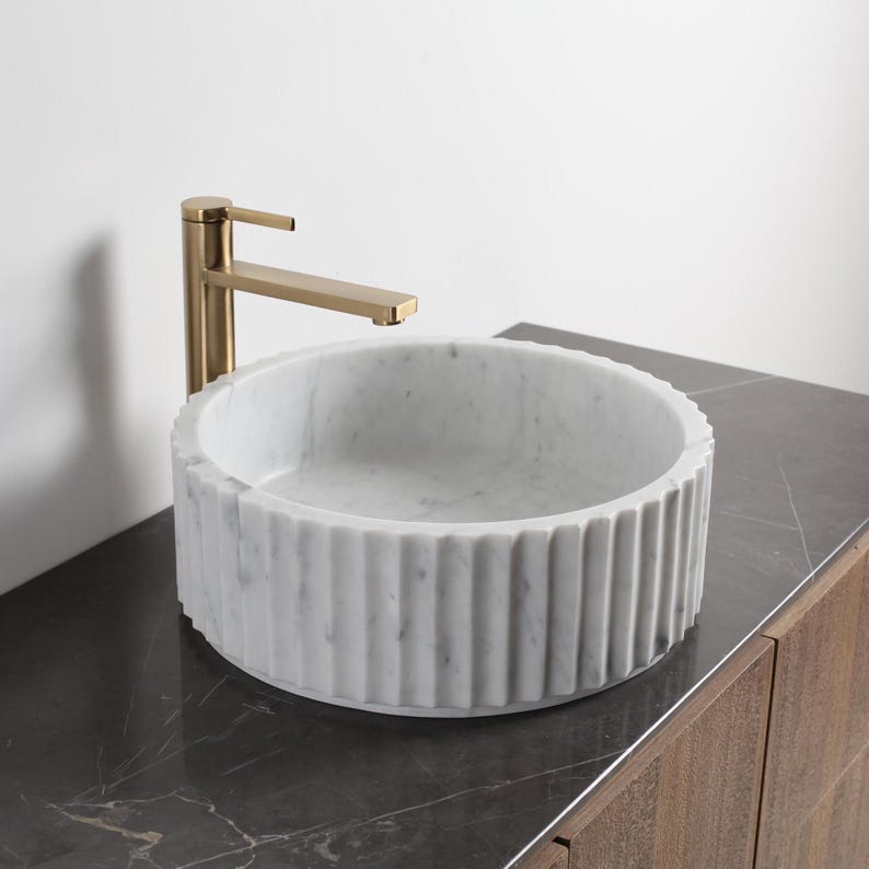 Carrara White Marble Round Fluted Basin, Handcrafted Luxury Bathroom ...