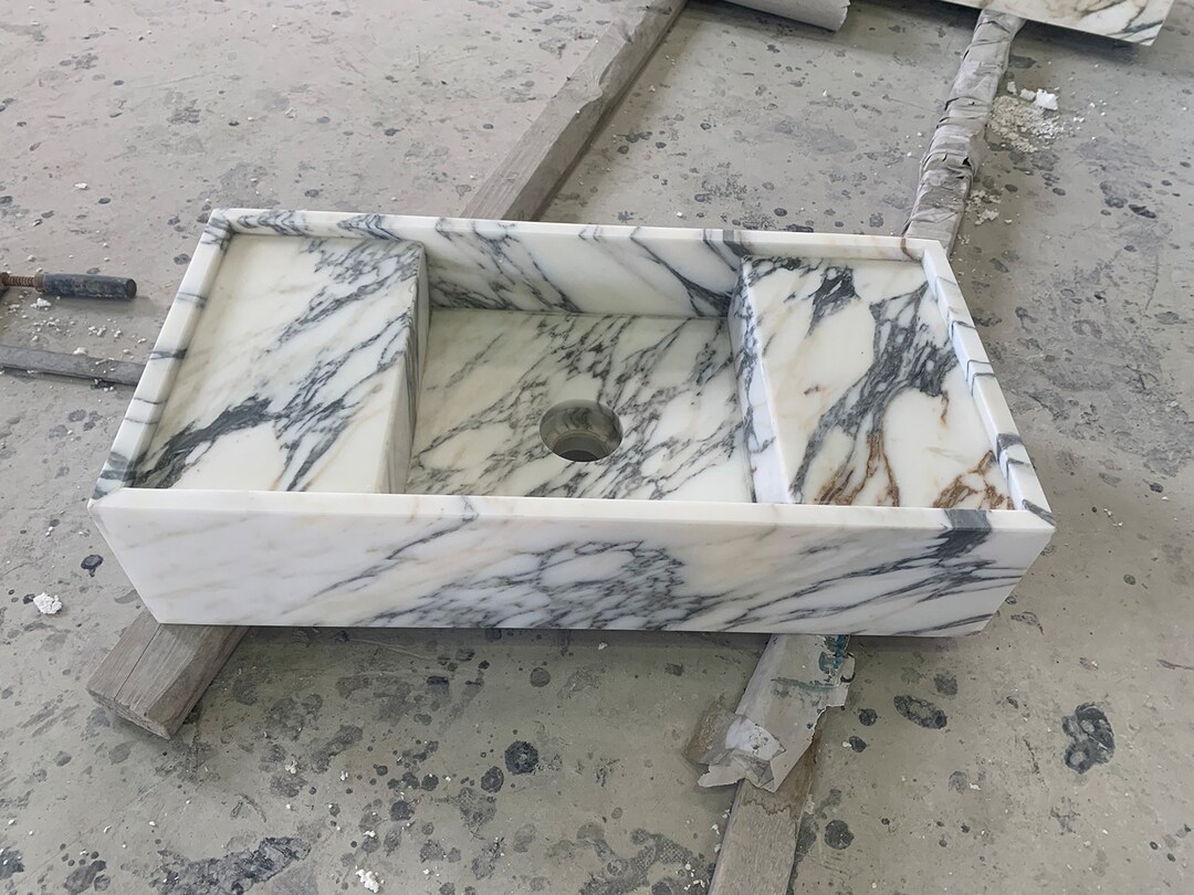 Elegant Arabescato Marble Vessel Sink, Handcrafted Rectangular Bathroom ...
