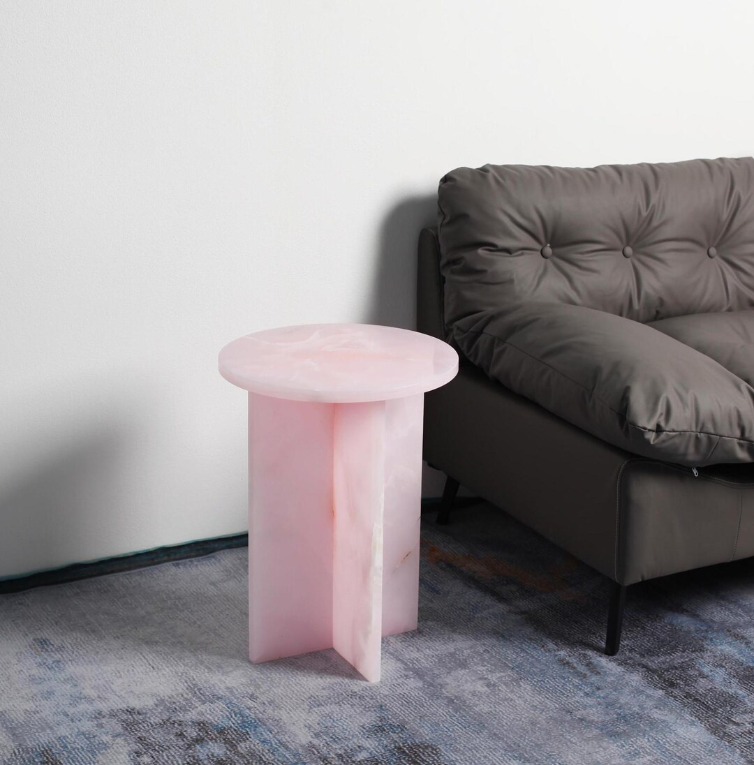 Pink Onyx Side Table, Marble Round Top With Cross Legs, Elegant Modern ...