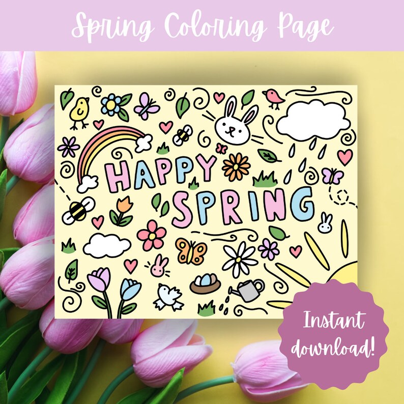 Fun Printable Happy Spring Coloring Page for Kids and Adults - Etsy