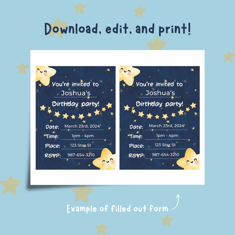 Custom Star Themed Party Invitations and Cupcake Toppers for Kid's ...