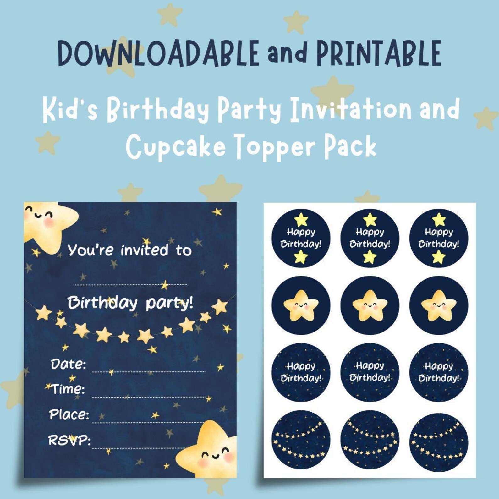 Custom Star Themed Party Invitations and Cupcake Toppers for Kid's ...