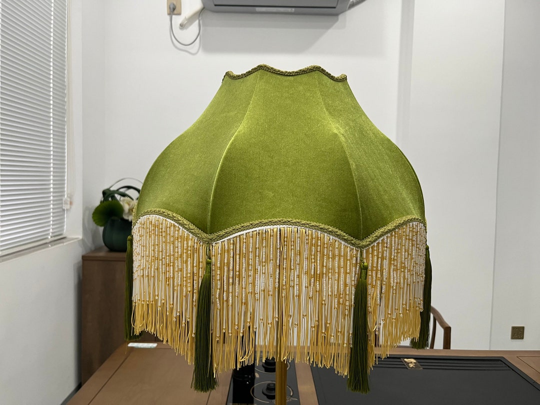 Handmade Fringed Lamp Shades , Green Velvet Vintage Lampshade for Table ...