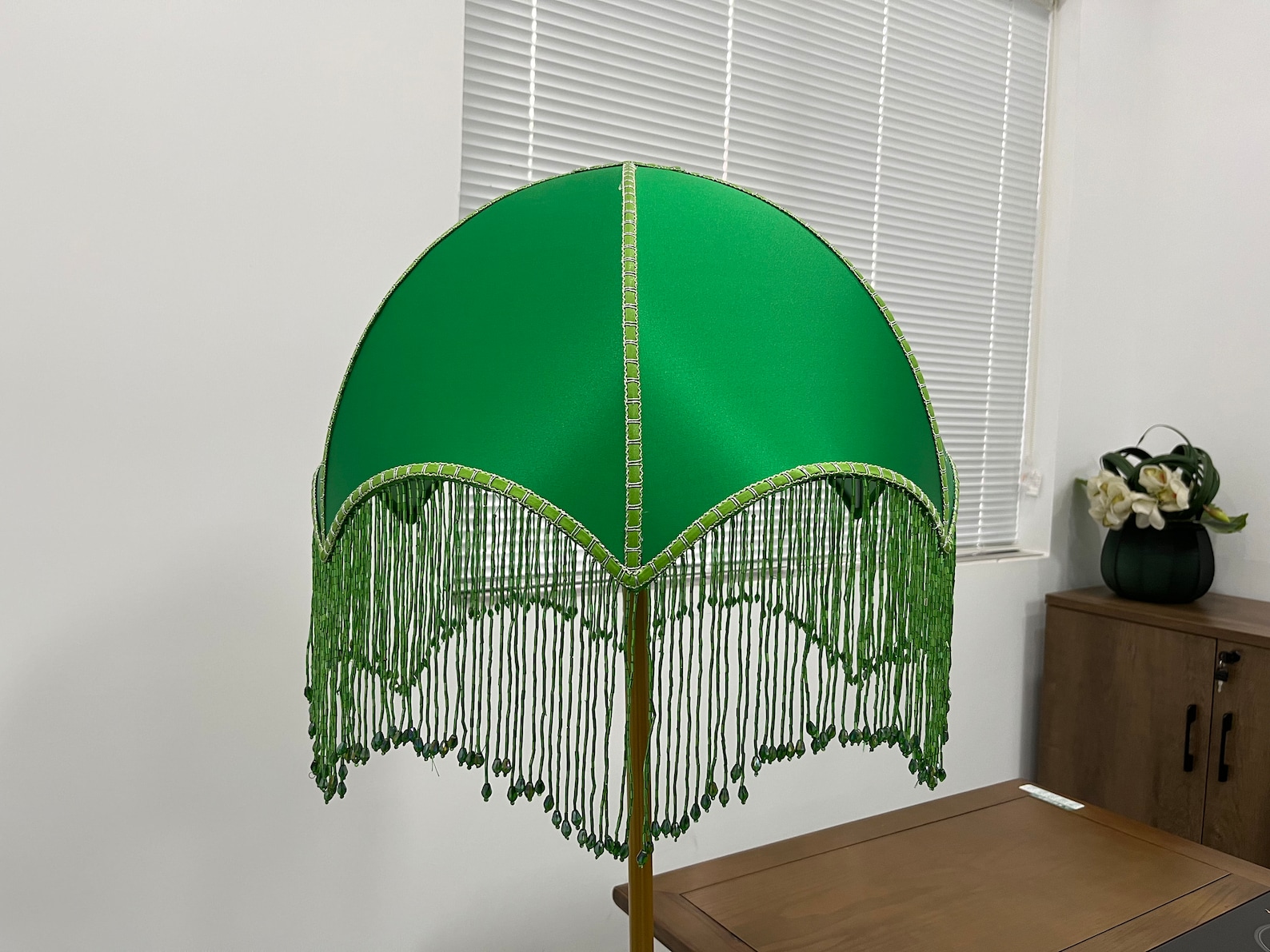 Jade Green Silk Lamp Shade With Beaded Tassels, Vintage Fringed ...