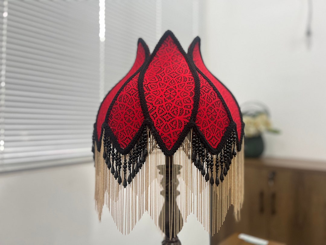 Luxury Red Lace Lampshade, Black Beaded Tassels,fringes Lamp Shade for ...