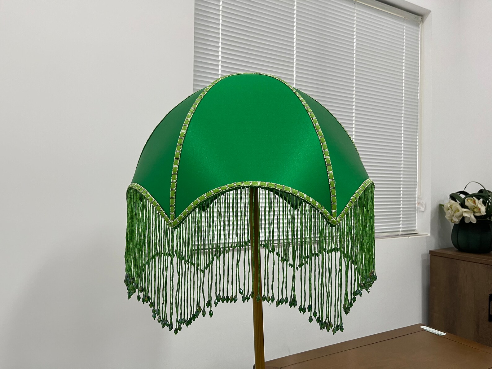 Jade Green Silk Lamp Shade With Beaded Tassels, Vintage Fringed ...