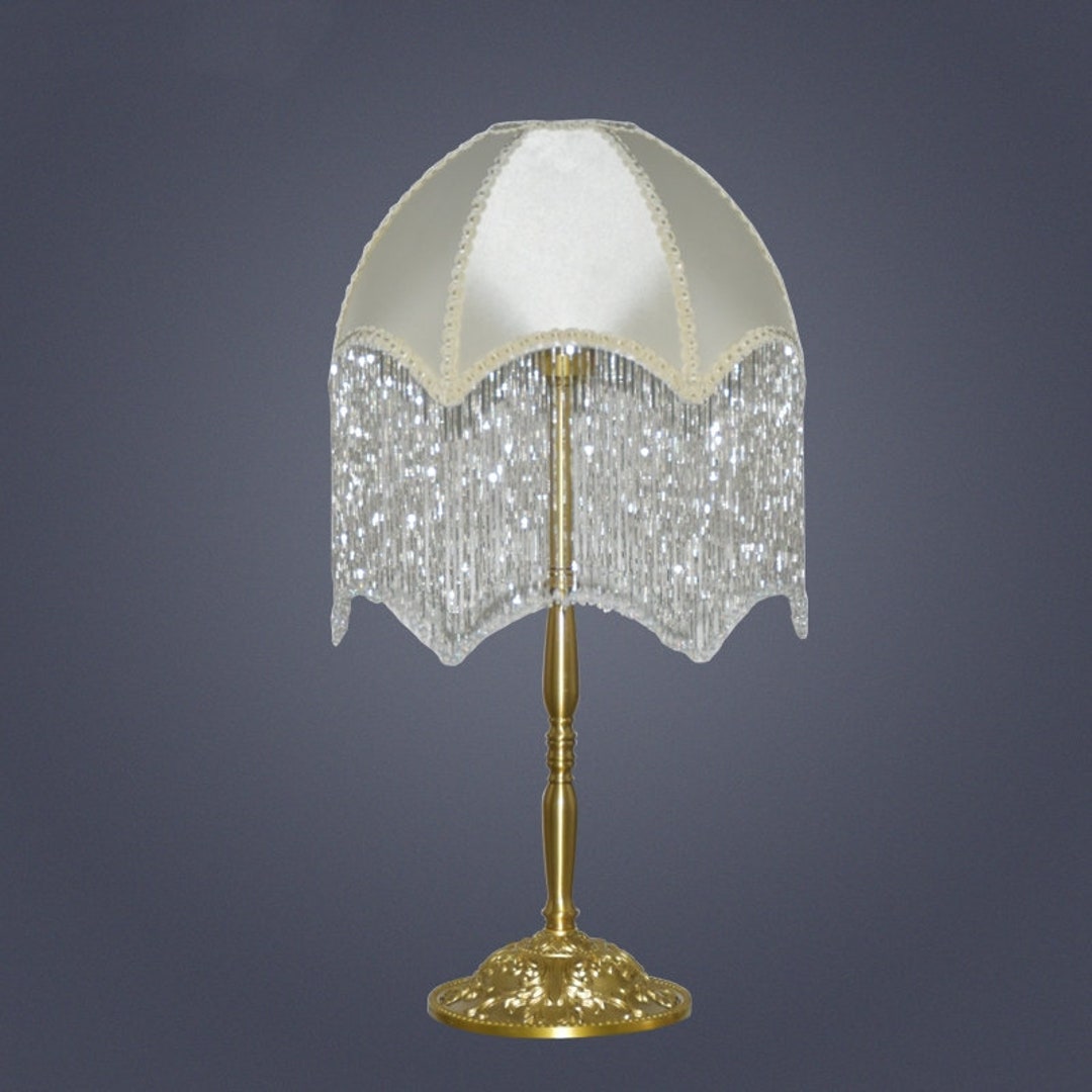 Pearl White Silk Copper Lamp ，lamp Shade With Beaded Fringes, Vintage ...