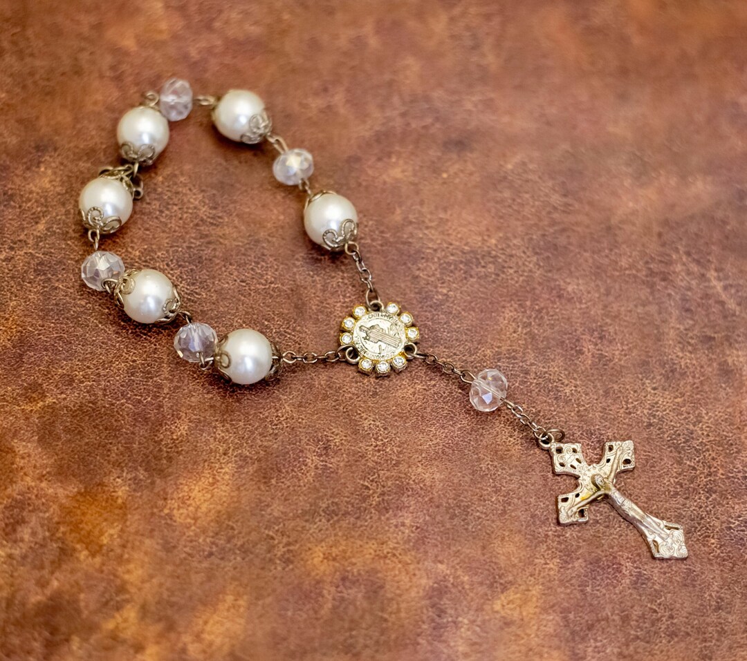 7 Inch, Vintage Rosary White Faux Pearl Beads Celtic Cross Bracelet - Y23 - Etsy