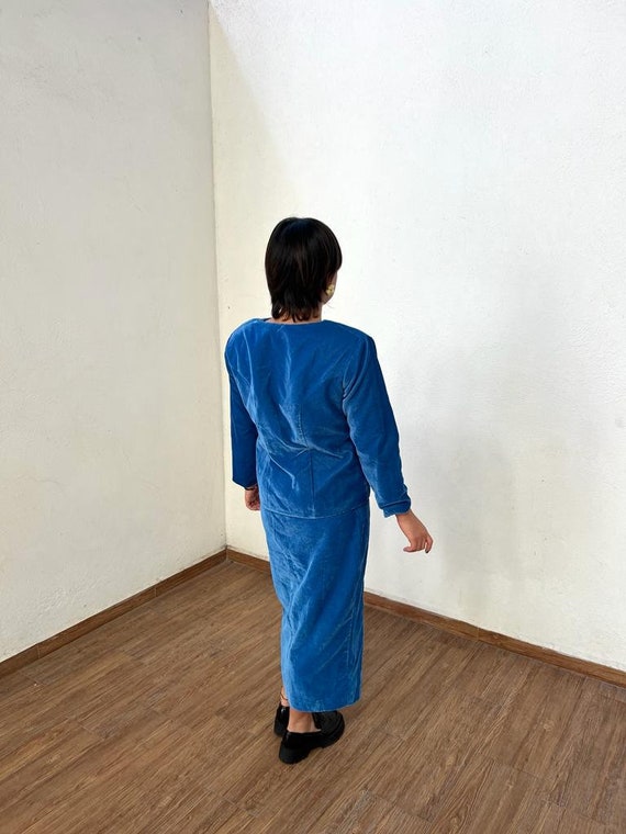 60s 70s Blue velvet set / 1970s blue velvet skirt wit… - Gem