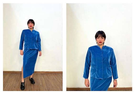 60s 70s Blue velvet set / 1970s blue velvet skirt wit… - Gem