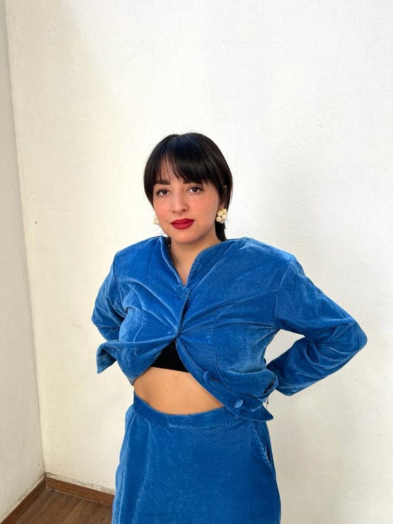 60s 70s Blue velvet set / 1970s blue velvet skirt wit… - Gem