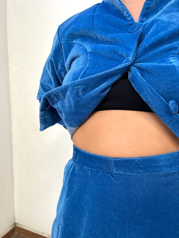 60s 70s Blue velvet set / 1970s blue velvet skirt wit… - Gem
