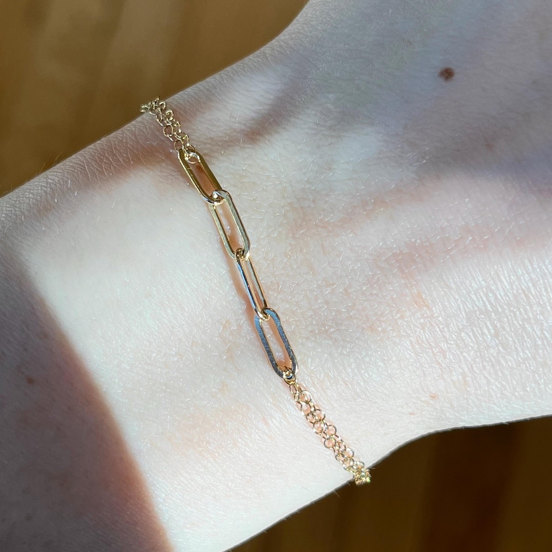 Solid 14k Gold Paperclip Chain and Dainty Chain Bracelet Minimalist ...