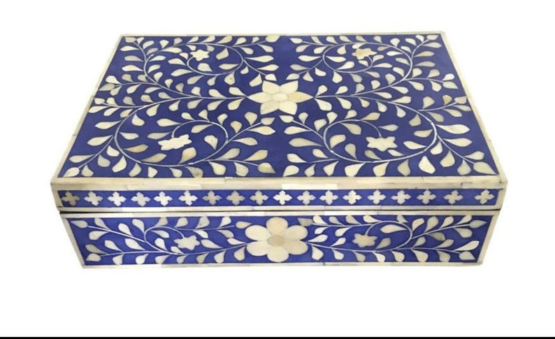 Handmade Bone Inlay Floral Design Jewelry Box Light Indigo, Decorative ...