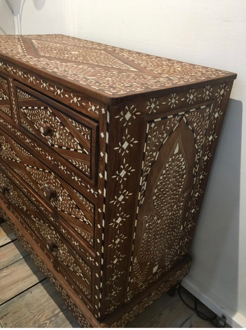 Handmade Teak Wood Bone Inlay Chest of Drawer. - Etsy