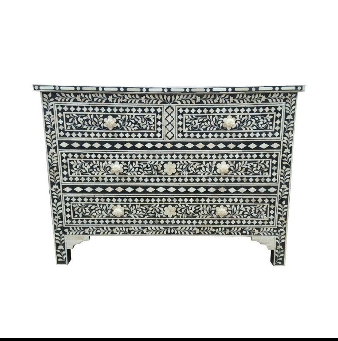 Bone Inlay Chest of Drawers in Black Floral, Bone Inlay Chest, Bone ...