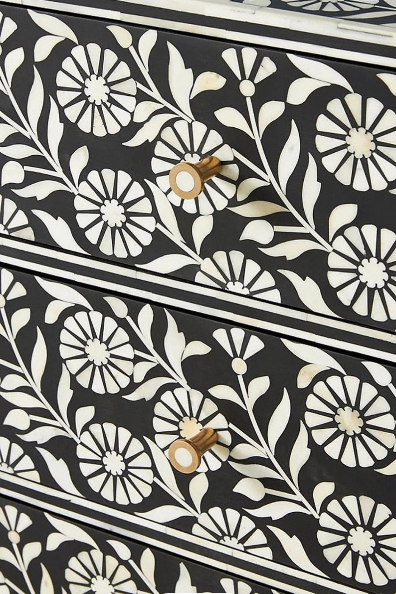 Bone Inlay Sun Flower Black Design Nightstand Table, Bone Inlay Bedside ...