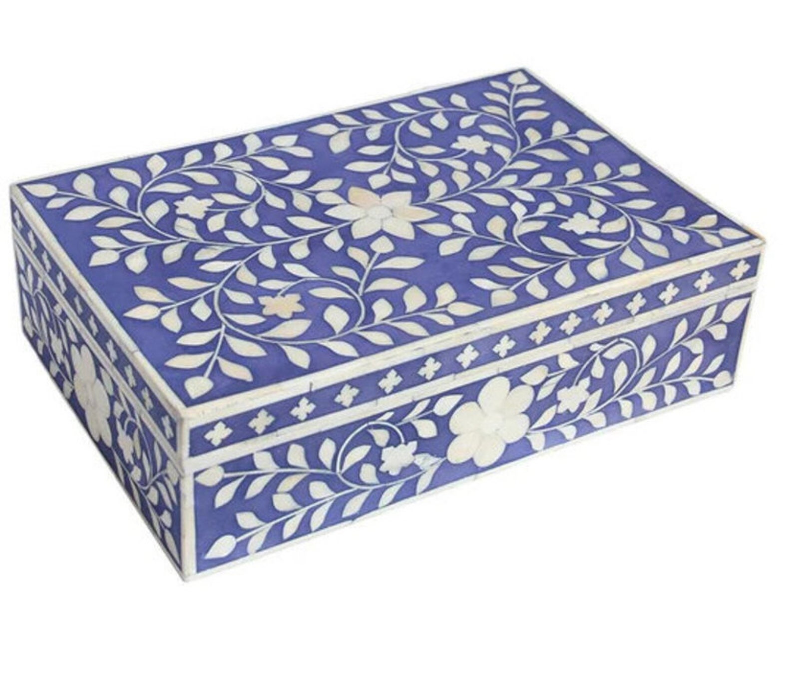 Handmade Bone Inlay Floral Design Jewelry Box Light Indigo, Decorative ...