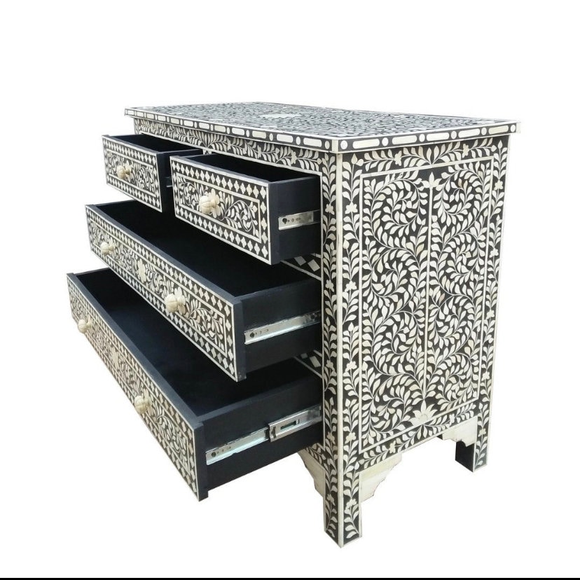 Bone Inlay Chest of Drawers in Black Floral, Bone Inlay Chest, Bone ...