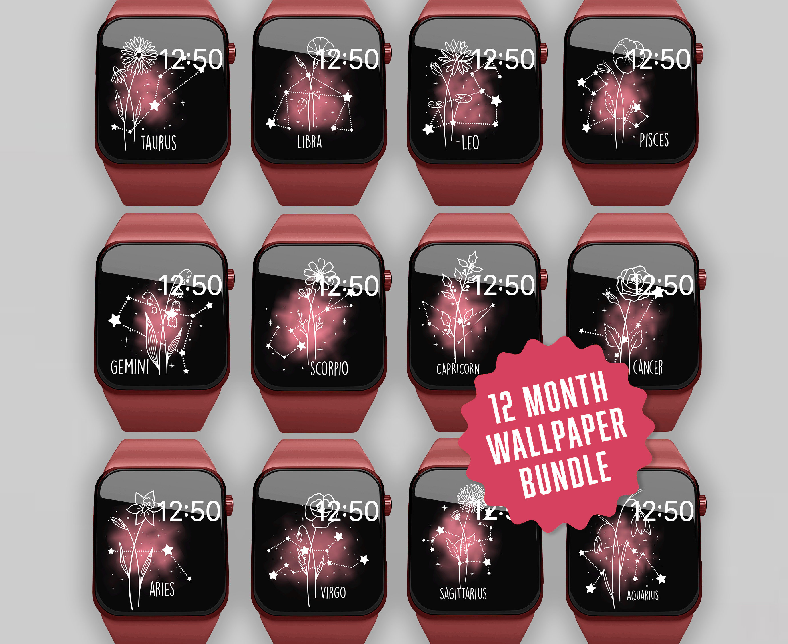 Birthsign Watch Face Wallpaper Bundle Floral Birth Sign Iwatch - Etsy