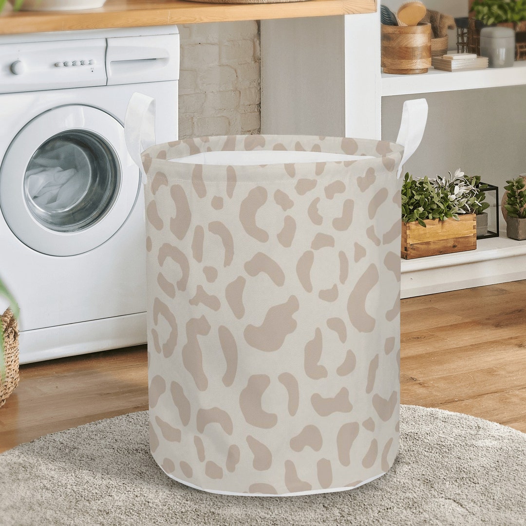 Pale Leopard Print Laundry Basket Round Beige Animal Pattern Hamper ...