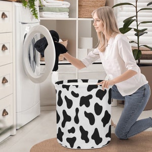 Cow Print Laundry Basket Round Hamper Cattle Gift for Her Minimalist ...