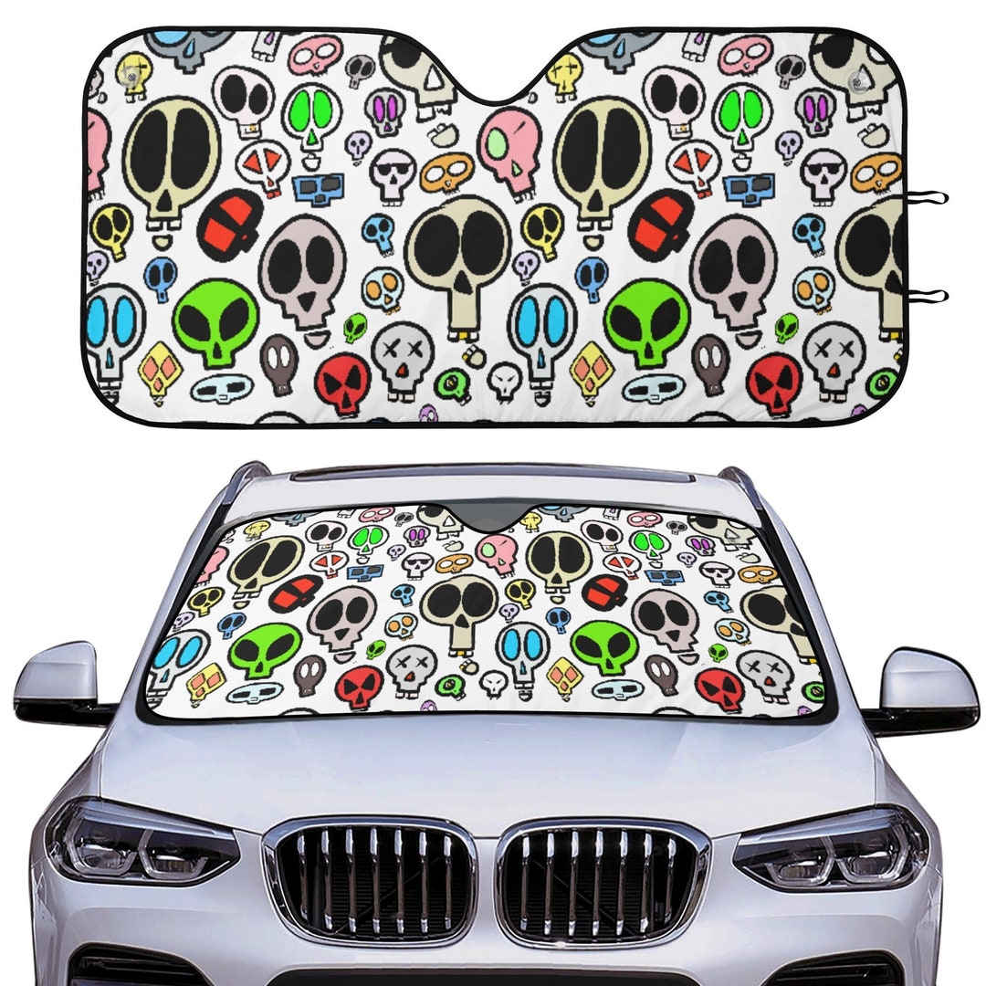 Cartoon Skull Sunshade for Vehicles Colorful Space Alien Car Sun Shade ...