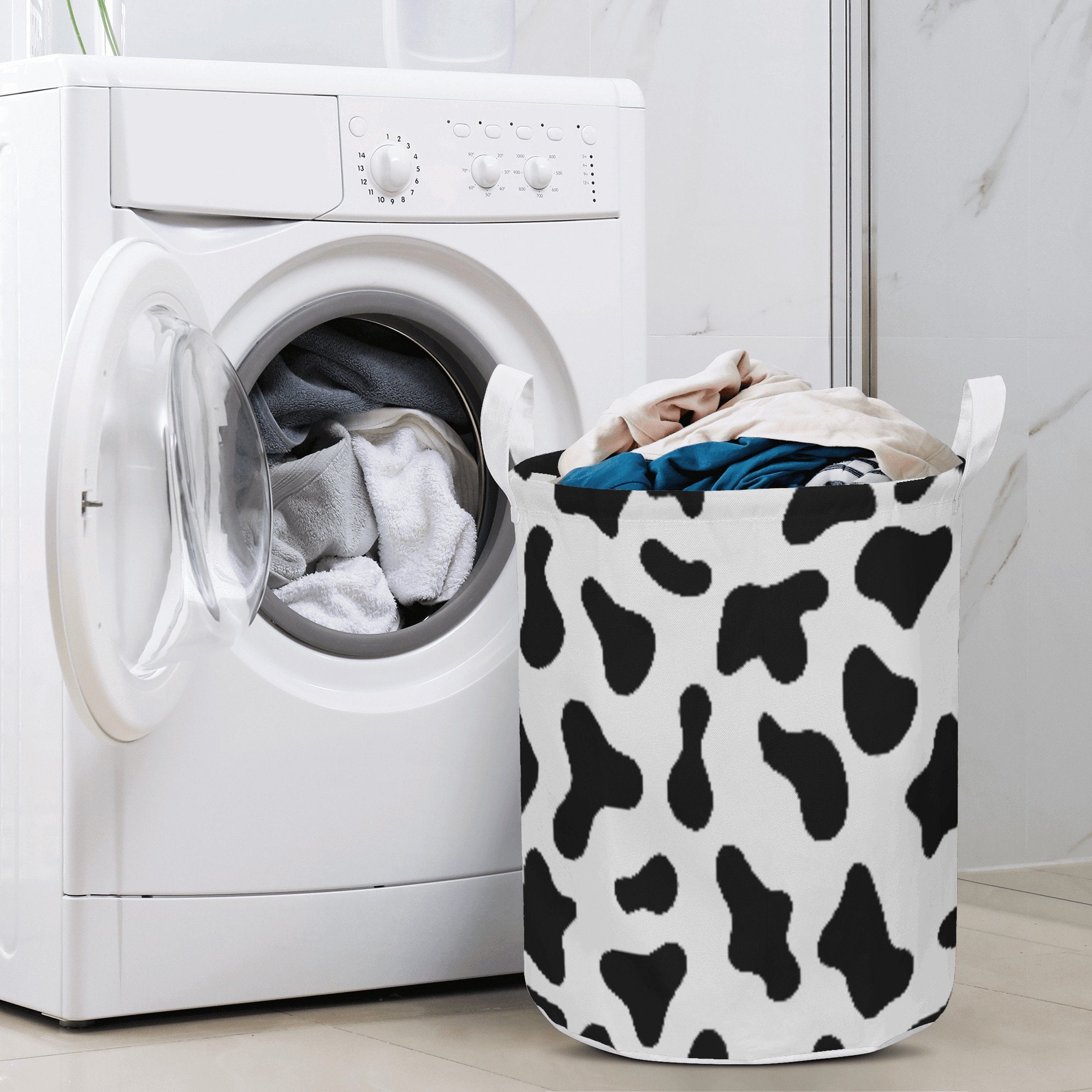 Cow Print Laundry Basket Round Hamper Cattle Gift for Her Minimalist ...