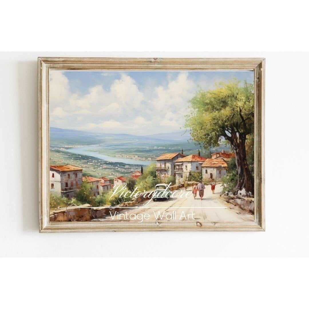 Vintage Wall Art Print, A Quaint View From A Hillside Village, Rustic ...