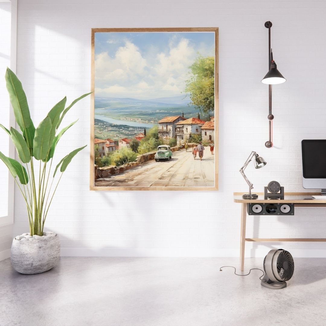Vintage Wall Art Print, A Quaint View From A Hillside Village, Rustic ...