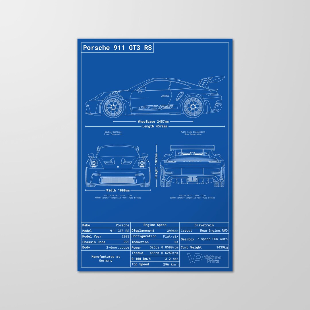 Porsche 911 GT3 RS 992 Blueprint Poster, Porsche 911 Blueprint, Porsche ...