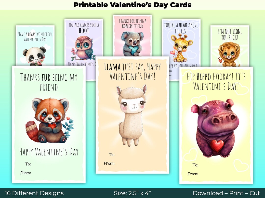 Cute Animal Valentine's Day Cards - Printable Download, Instant ...
