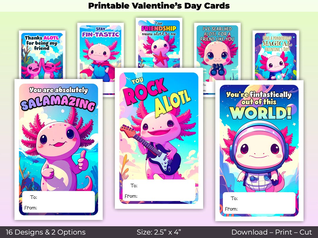 Axolotl Valentine's Day Cards for Kids – Printable Classroom Valentines ...