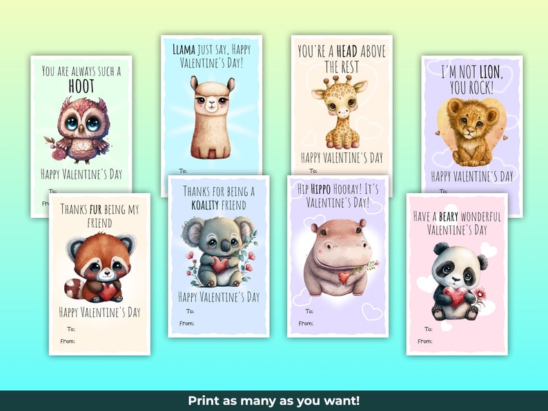 Cute Animal Valentine's Day Cards - Printable Download, Instant ...