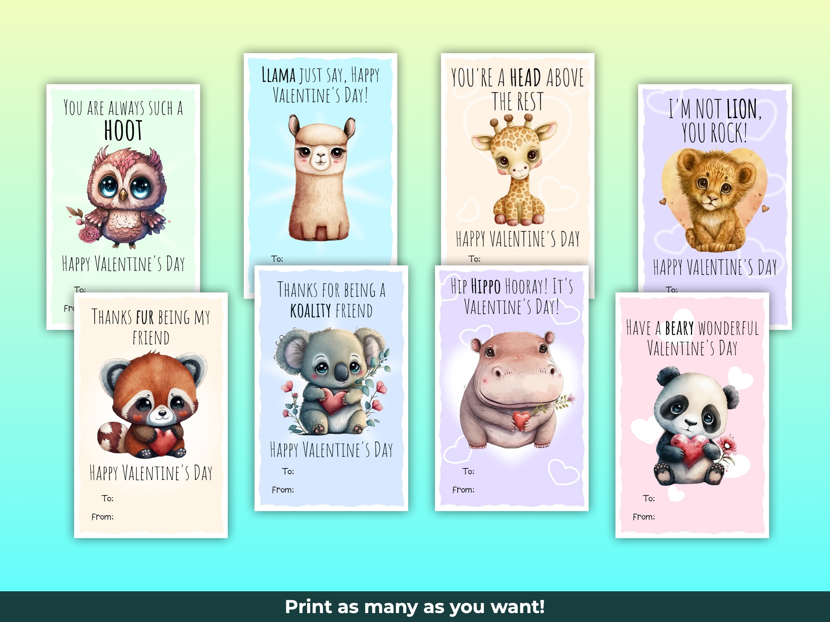 Cute Animal Valentine's Day Cards - Printable Download, Instant ...