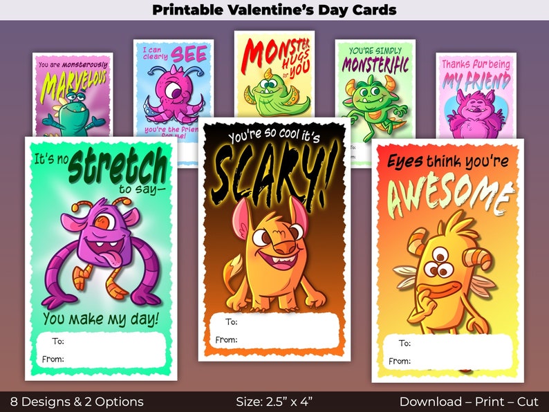 Cute Monster Valentine's Day Cards - Printable Download, Instant ...
