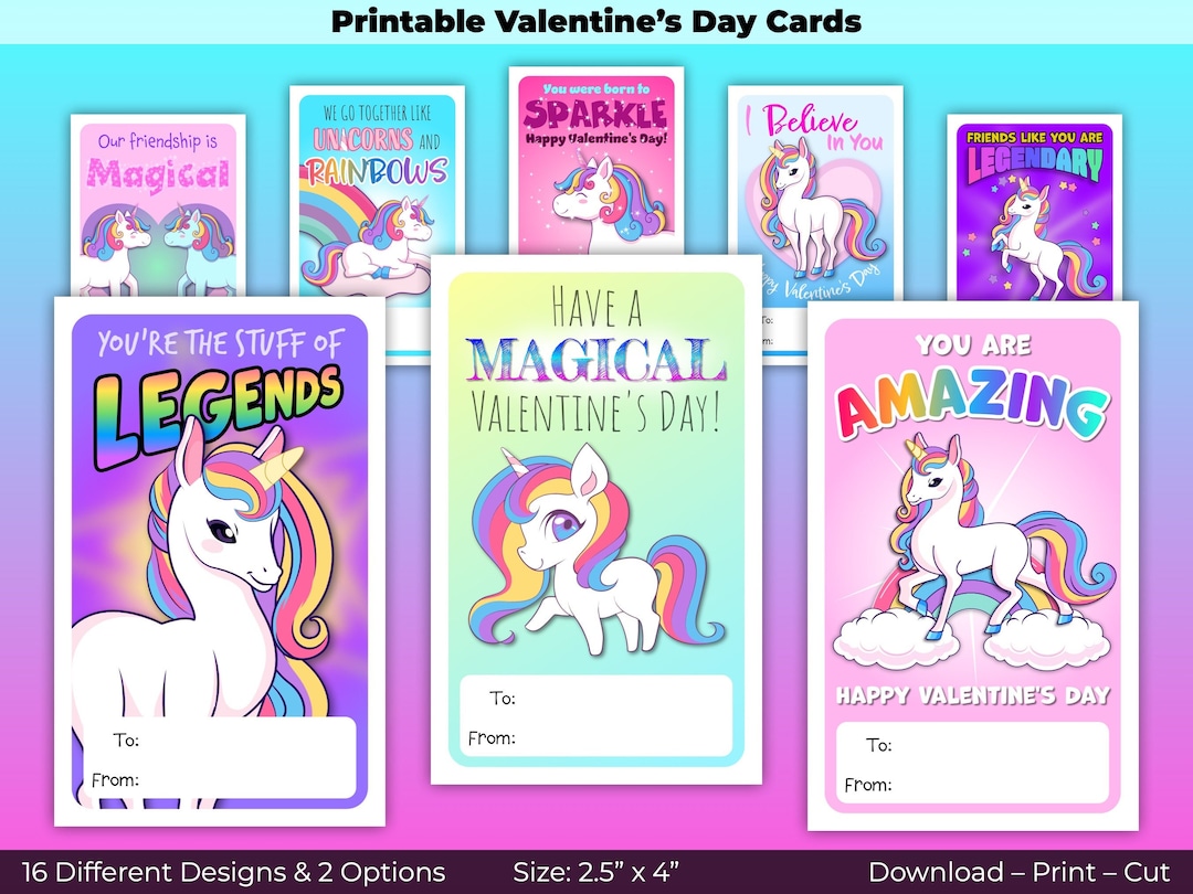 Unicorn Valentine's Day Cards for Kids – Printable Classroom Valentines ...