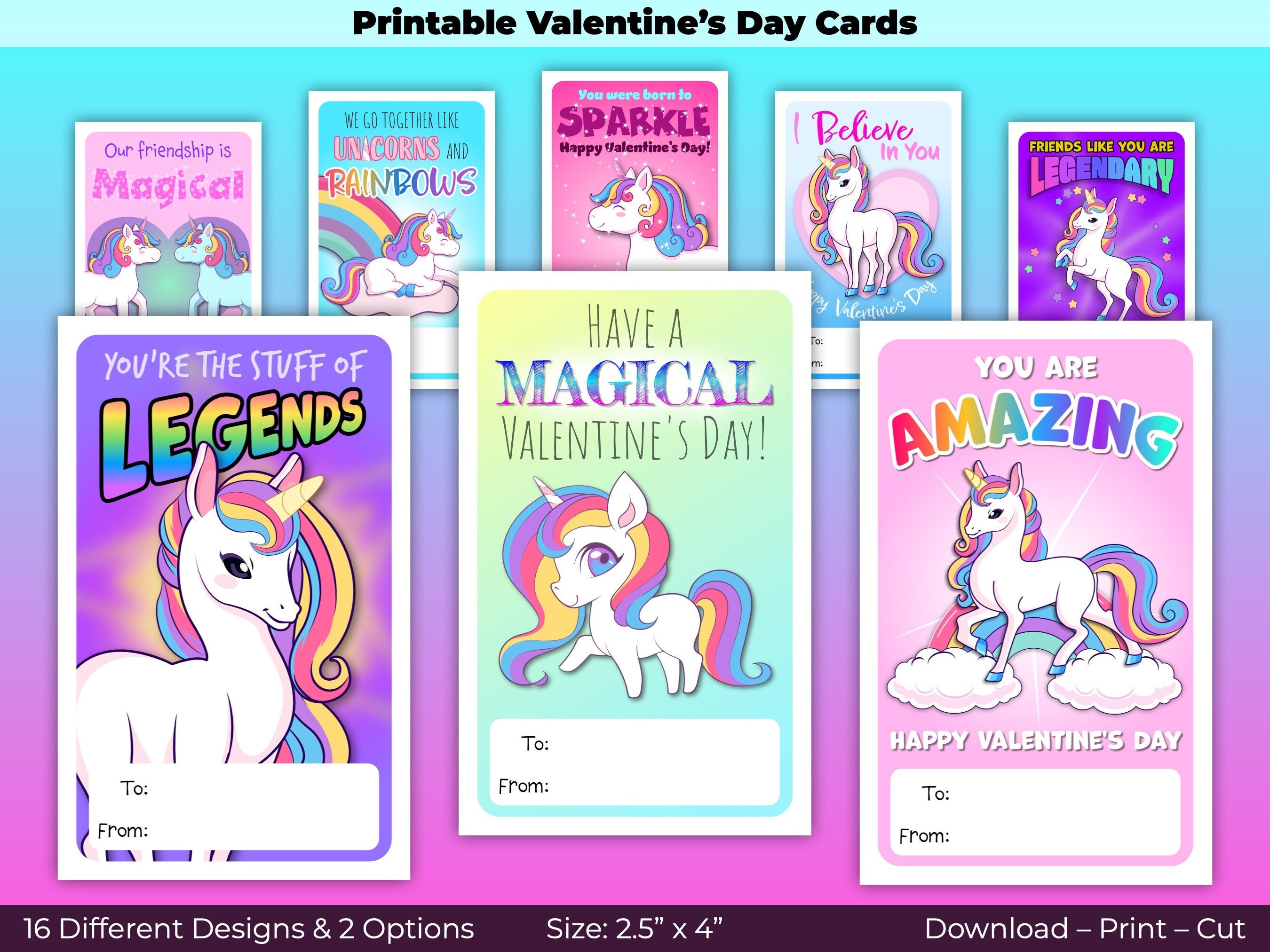 Unicorn Valentine's Day Cards Printable Download, Instant Download ...